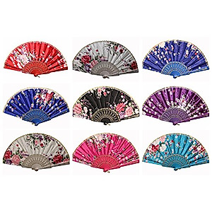 REINDEAR Multi-Pattern Decoration Fabric Flower Print Foldable Silk Lace Trim Hand Fan (3 Pcs, Silk)
