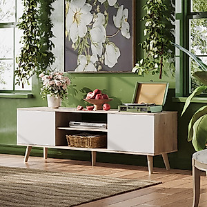 WLIVE TV Stand for 55 60 inch TV, Boho Entertainment Center with Storage Cabinets, TV Console for Living Room Decor, Greige White