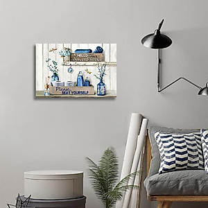 Farmhouse Bathroom Decor Wall Art Hello Sweet Cheeks Artwork Print Rustic Bathroom Sign Print Paintings Blue Dragonfly Bathroom Pictures Teal Vase Wall Art Poster for Home Decor 24x16 Inch Unframed