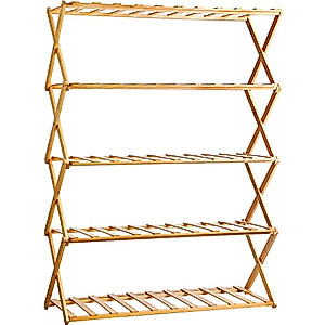 SAISN 5 Tier Wooden Shoe Rack Bamboo Shoes Storage Shelf Stackable Shoe Organizer Racks Multifunctional Free Standing Shoe Shelf Free Installation Foldable Shoe Stand for Entryway Hallway (Natural)