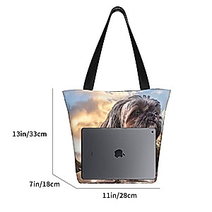 Cute Shih Tzu Dog Sunset Women's Shoulder Handbag Grocery Tote Bag Storage Handle Bag