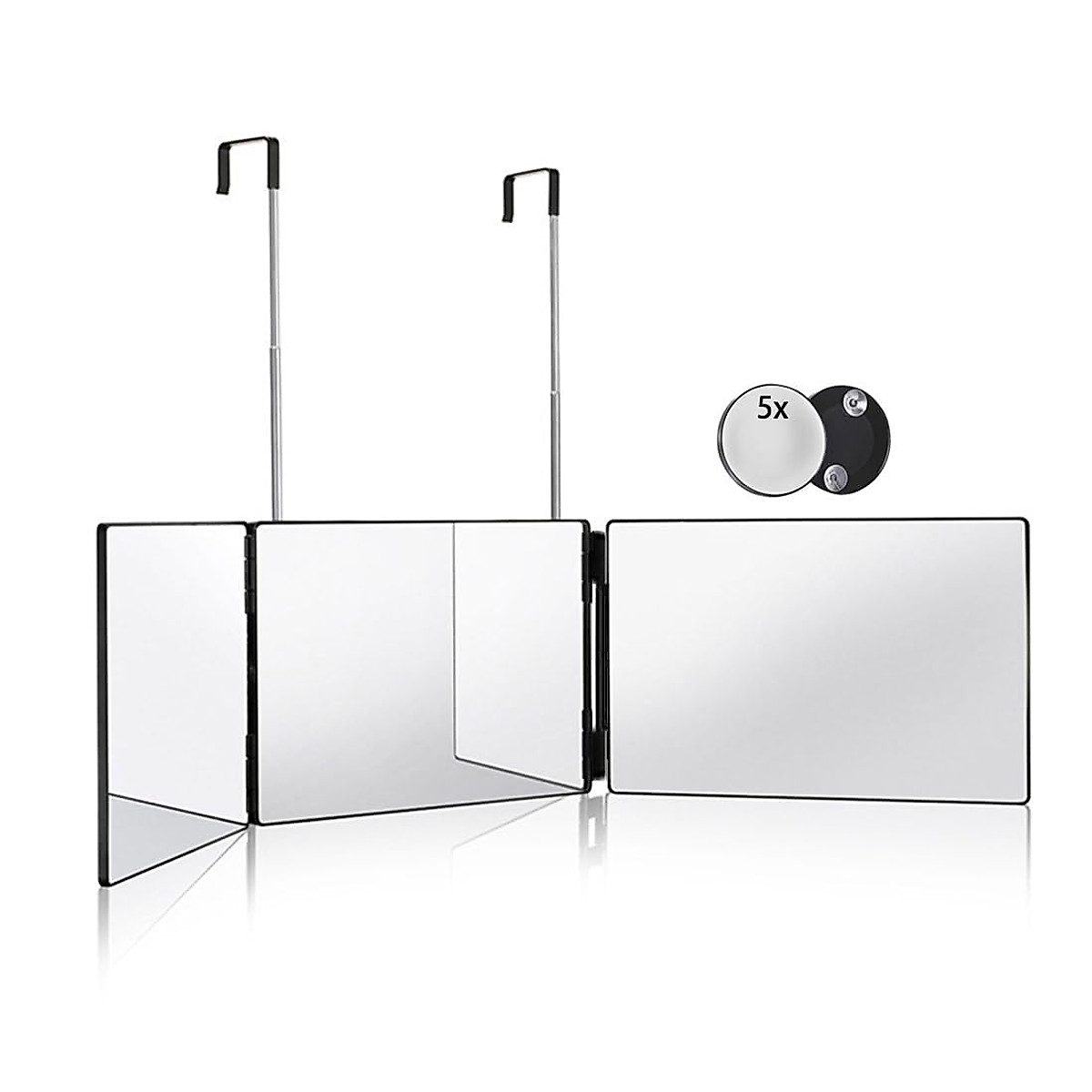 HIEEY 3 Way Mirror for Hair Cutting,360 Trifold Mirror with Height Adjustable Telescoping Hooks,and 5X Magnification Mirror,for Makeup, Hair Styling