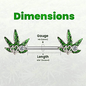 Pierce2GO 14G Nipple Piercing Surgical Stainless-Steel Set of 2 Barbell Marijuana Weed Leaf - 420 Cute Nipple Rings Nipple Piercing Jewelry for Women - 9/16" Barbell (Green)