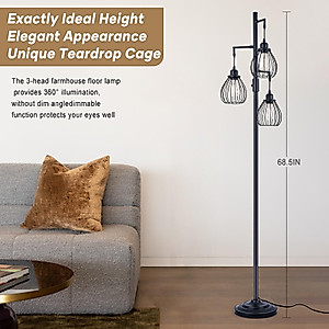 DYLBRIHOM 68.5” Dimmable Floor Lamp, Industrial Farmhouse Floor Lamps with Elegant Teardrop Cages, Rustic Floor Lamps Black Tall Vintage Pole Lamps for Living Room Bedroom Office, 3 LED Bulbs Included