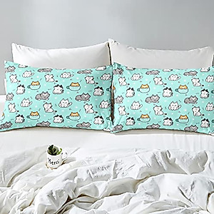 Erosebridal Kawaii Cats Bed Sheets Cartoon Animal Fitted Sheet Queen Size, Orange Gray Kitten Sheets Cute Pet Bedding, Teal Bed Cover Cat Lovers Gifts for Women Men, Microfiber 3pcs (Deep Pocket)