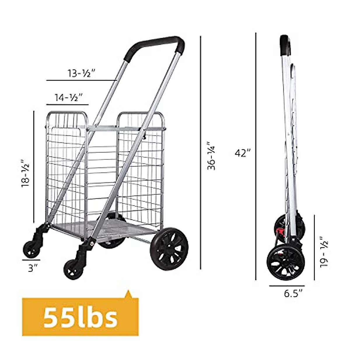 OmniRolls Grocery Shopping Cart with Swivel Wheels, Folding Shopping Cart with Wide Cushion Handle, Mesh Bottom and Brake System, Silve,