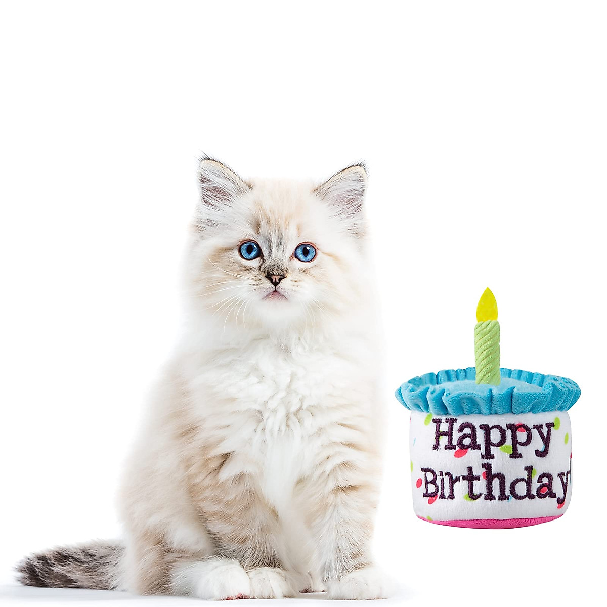 Ushang Pet Happy Birthday Cake Catnip Toys, Birthday Cake Shaped Chew Toys for Kitten Funny Cats Gifts Plush Cat Birthday Party Toys, Blue