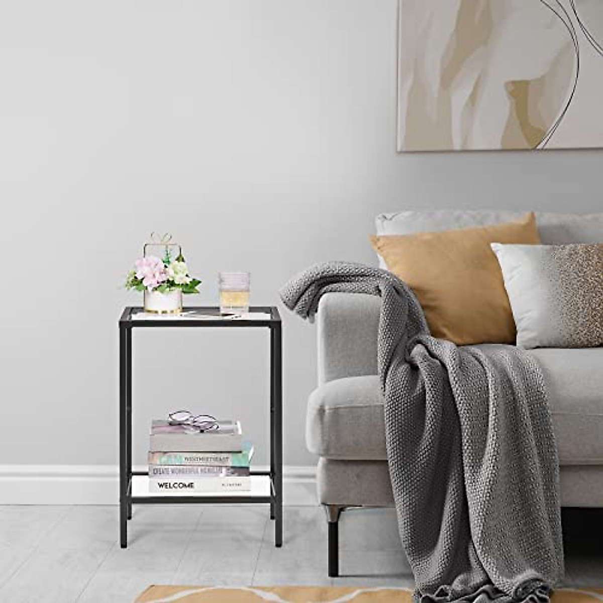 HOMSHO Side Tables Set of 2, End Tables with Tempered Glass, 2-Tier Nightstands with Storage Shelves, Slim Sofa Table for Living Room, Bedroom (2, Black)