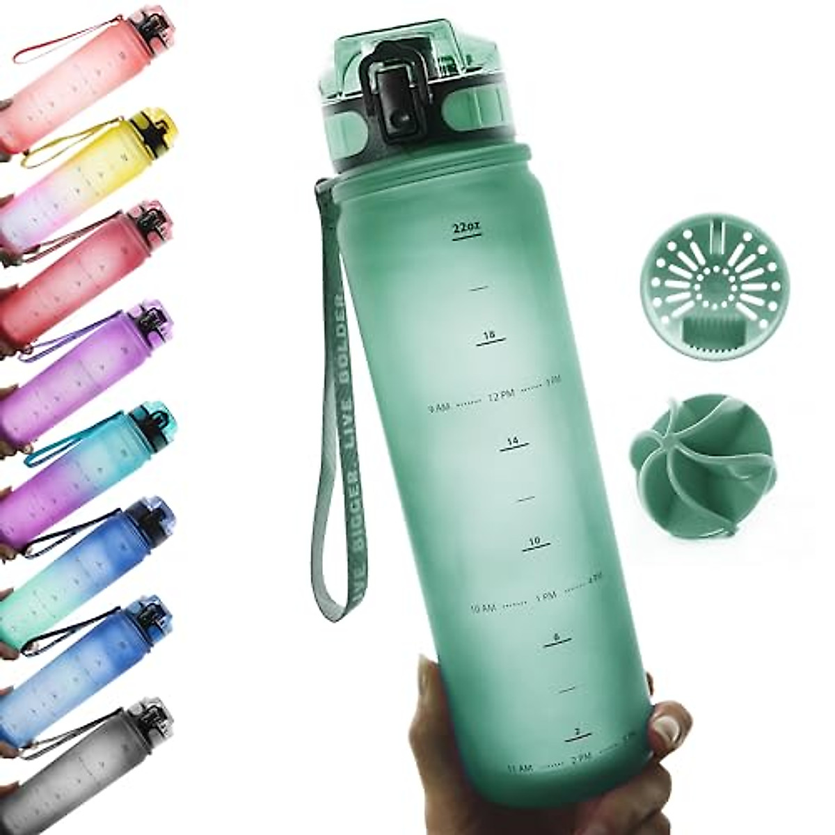 Live Infinitely 24 oz Water Bottle with Time Marker - Insulated Measured Water Tracker Screen - BPA Free Gym Water Bottle - Locking Flip Top Lid, Rubberized (Emerald, 24oz)