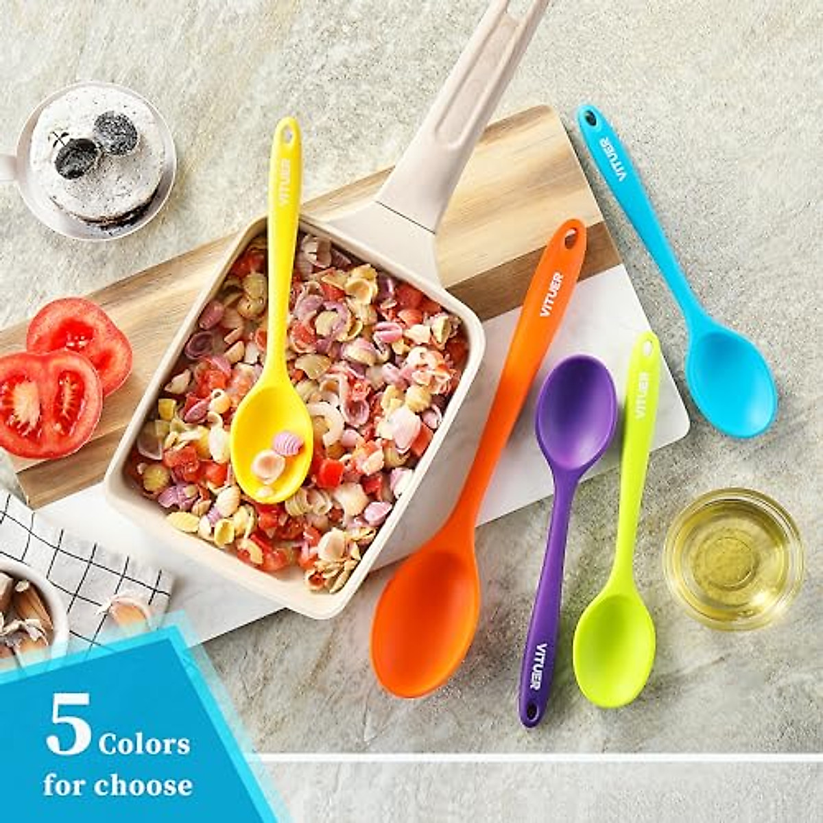 5PCS Silicone Serving Spoons Set, Vituer Heat Resistant Kitchen Spoons for Cooking, Mixing, Stirring and Serving, Dishwasher Safe (5 Pack, Multicolor)