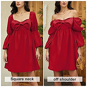 EXLURA Womens Summer Casual Wedding Guest Dress Square Bow Neck Long Puff Sleeve Dress Empire Waist Babydoll Mini Dress Wine
