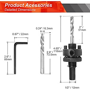 JTemgle Heavy Duty Hole Saw Arbor with 5pcs Center Drill Bits, 1/2" Hex Shank Quick Change Arbor Fits 1-1/2" to 10" Hole Saws