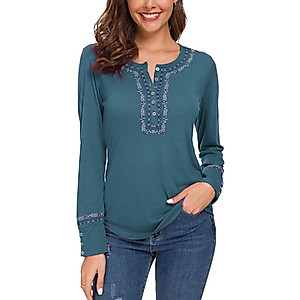 Urban CoCo Women's Long Sleeve Boho Shirt Embroidered Top (L, Ink Blue)