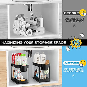 2 Pack Under Sink Organizers and Storage,Multi-purpose Storage Rack For Kitchen Bathroom Under Sink With 4 Hooks and A Hanging Cup, 2 Tier Under Sink Organizers with Sliding Bottom Basket,Black
