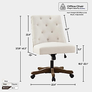 HUIMO Home Office Chair Upholstered Swivel Desk Chair with Wheels Chenille Fabric Adjustable Height Computer Chair with Wooden Legs Comfortable Armless Chair for Studio Study Home Office (Beige)