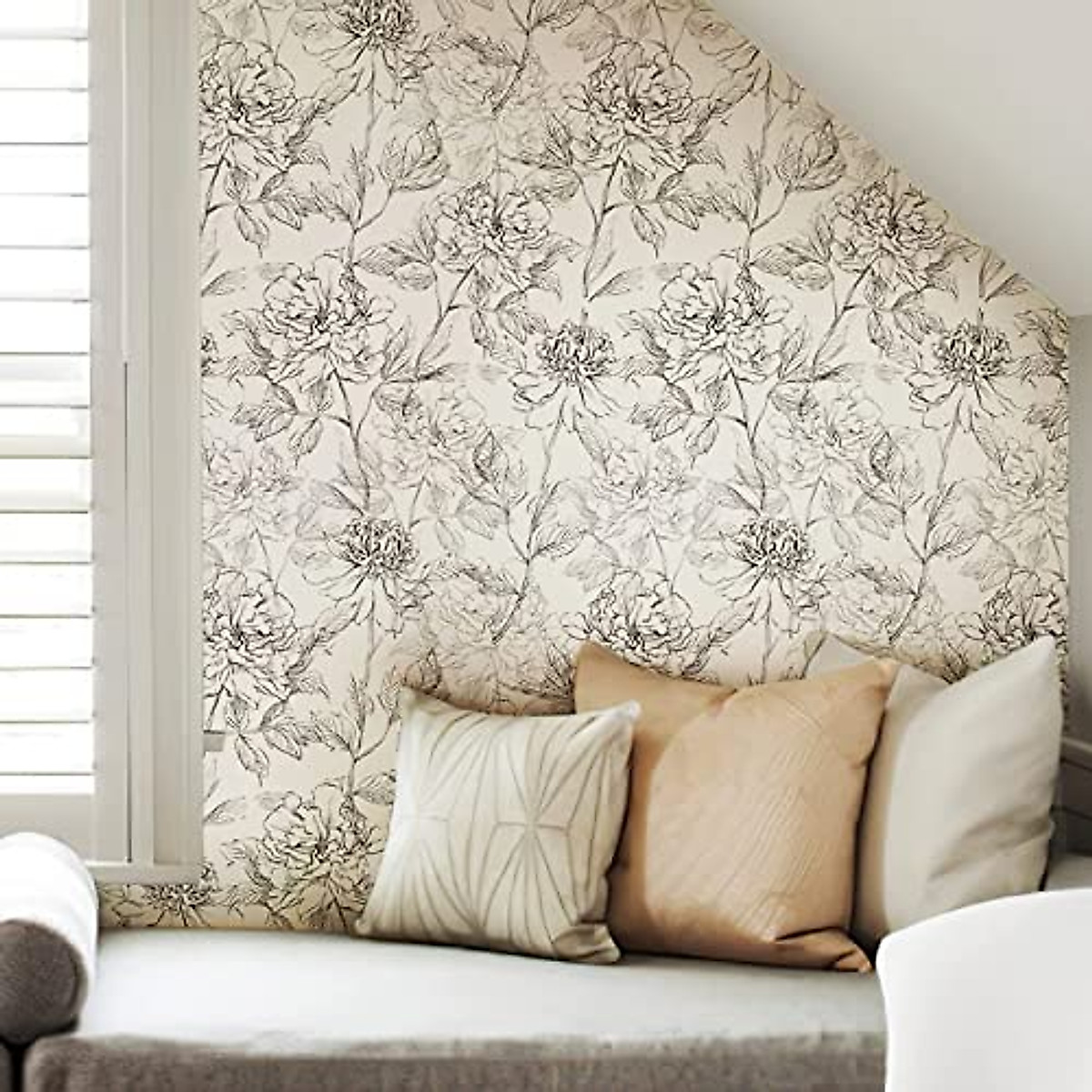 JiffDiff Black and White Floral Wallpaper 17.3" x 394" Peonies Removable Peel and Stick Floral Wallpaper Sketched Floral Self-Adhesive Prepasted Wallpaper Wall Decor (Sketched Floral)