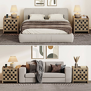 SICOTAS Wide Nightstands Set of 2 with Charging Station and USB-C Port, 24" Large Wood Night Stand with 2 Drawers, Bedside Table with Checkered Pattern Decor, End Side Table with Storage for Bedroom