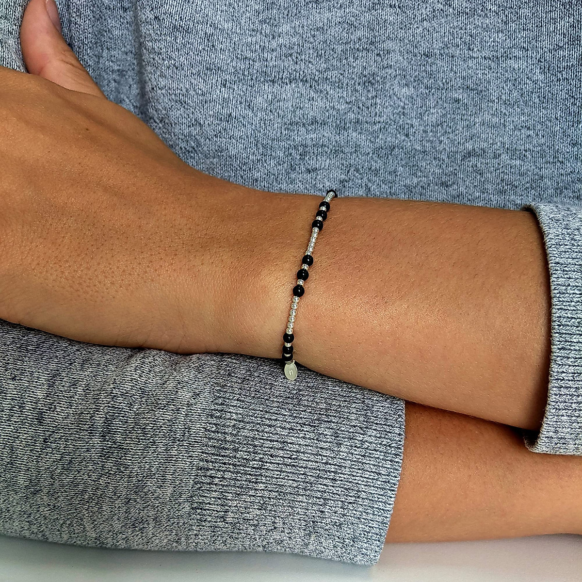 Silverly Women's 925 Sterling Silver 2 mm Small Thin Black Ball Beaded Elastic Stretch Bracelet