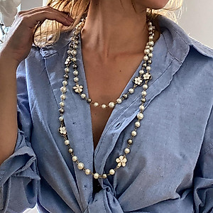 Designer Inspired Long Double Pearl Strand Layered Camellia Flower Pendant Necklace for Women, Dainty Sweater Necklace for Party, Vintage Costume Jewelry