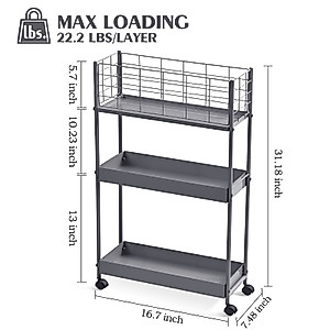 KINGRACK Slim Storage Rolling Cart, 3-Tier Metal Utility Cart with Wheels, Rolling Storage Cart, Skinny Storage Rolling Cart, Storage Trolley Cart for Office Kitchen Bathroom Narrow Place, Grey