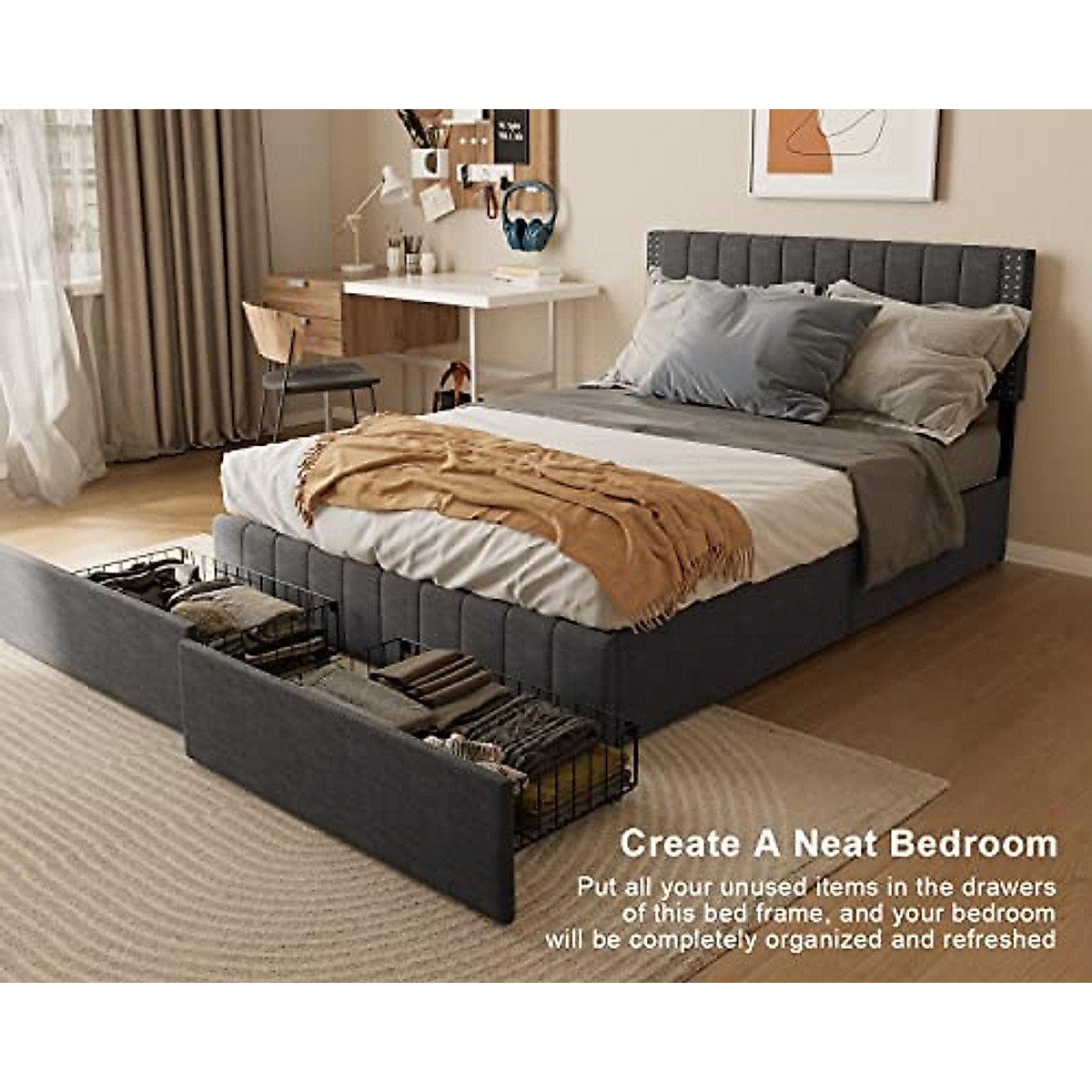 Gizoon Queen Bed Frame with 4 Storage Drawers, Upholstered Platform Bed with Headboard Adjustable, Fits 6” to 12” Mattress, No Box Spring Needed (Dark Grey)