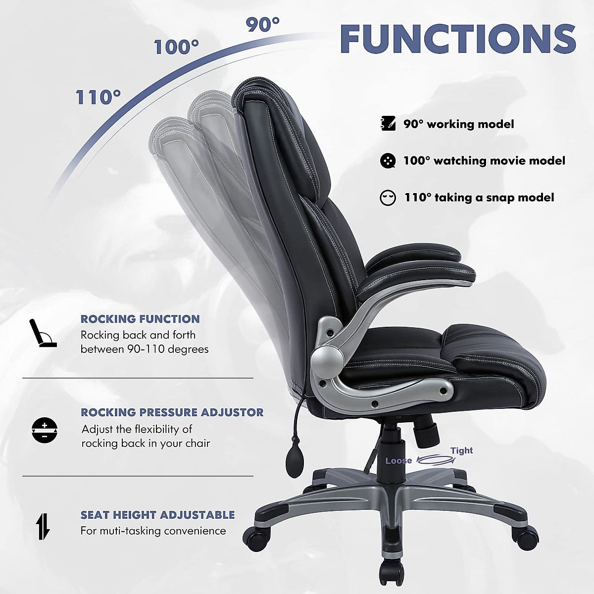 High Back Executive Office Chair- Ergonomic Home Computer Desk Leather Chair with Padded Flip-up Arms, Swivel Rolling Chair for Adult Working Study-Black