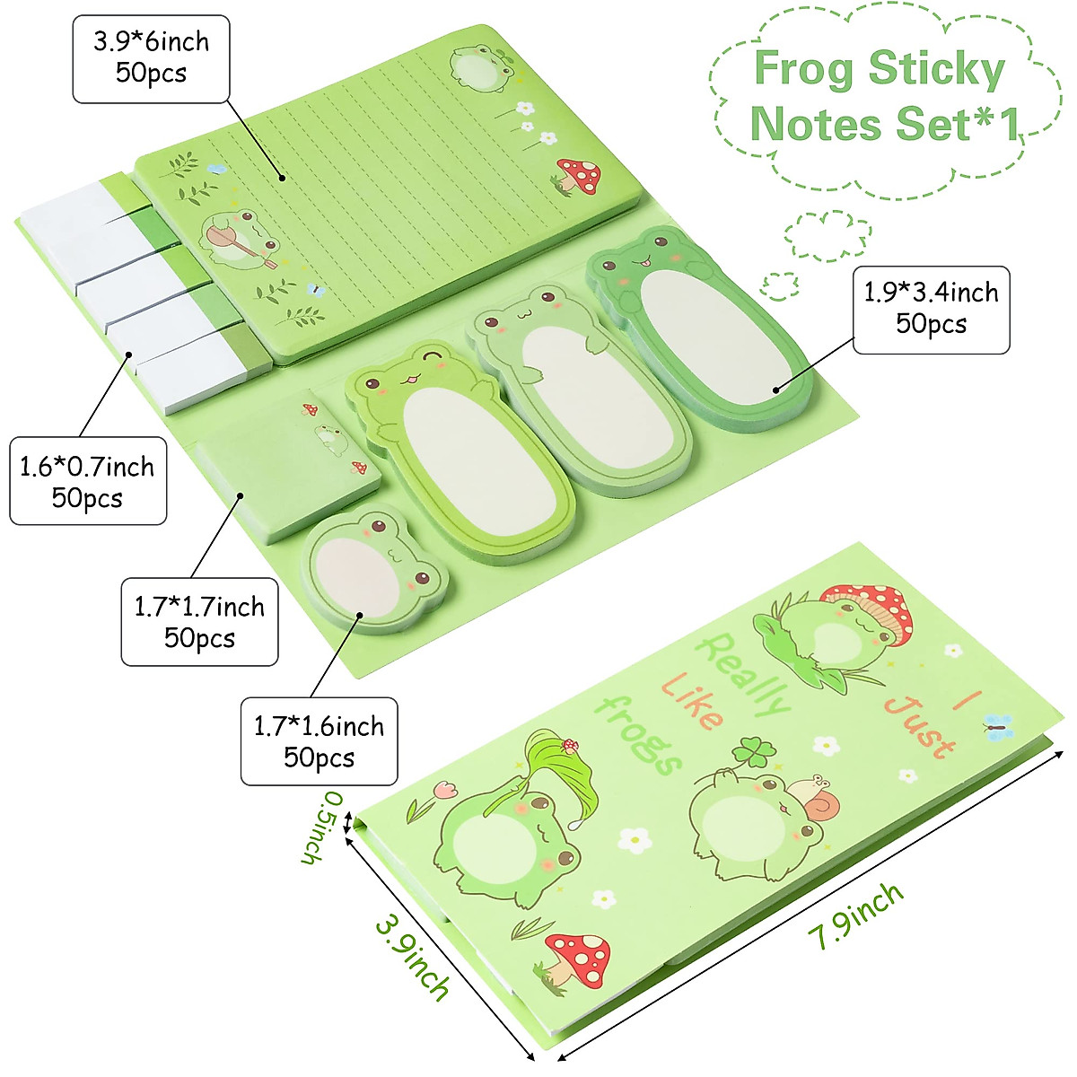 Xqumoi I Just Really Like Frogs Sticky Notes Set, 550 Sheets, Cute Cartoon Frogs Self-Stick Notes Pads Animal Divider Tabs Bundle Writing Memo Pads Back to School Office Supplies Small Gift