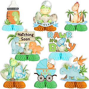 JOYMEMO 8 Pieces Dinosaur Baby Shower Honeycomb Centerpieces for Boys, Hatching Soon Baby Shower Table Decorations, Rawr Its A Boy Dinosaur Themed Party Supplies