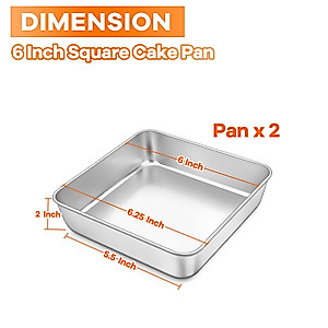 TeamFar 6 Inch Square Cake Pan, Stainless Steel Square Baking Pan for Lasagna Cake Brownie, Healthy & Heavy Duty, Dishwasher Safe & Easy Clean, Brushed Surface & Smooth Edge, Set of 2