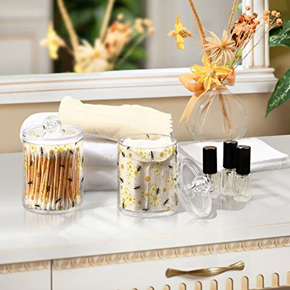 MNSRUU 2 Pack Qtip Holder Organizer Dispenser Cute Bee Bathroom Storage Canister Cotton Ball Holder Bathroom Containers for Cotton Swabs/Pads/Floss