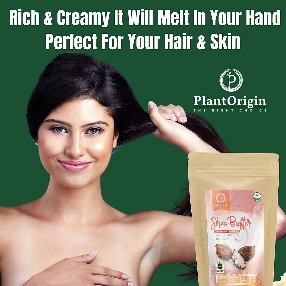 PLANTORIGIN Shea Butter 1 lb | Raw USDA Certified Organic | African Unrefined | Great for Hair, Skin, and your DIY Projects | Soap Making Base, Lip Balm, Stretch Mark Cream.