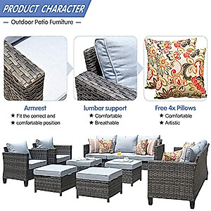 ovios Patio Furniture Set 8 PCS High Back Sofa Outdoor Conversation Sets All Weather Wicker Rattan Sectional Sofa Set Couch and Chairs Garden Backyard Porch (Grey)