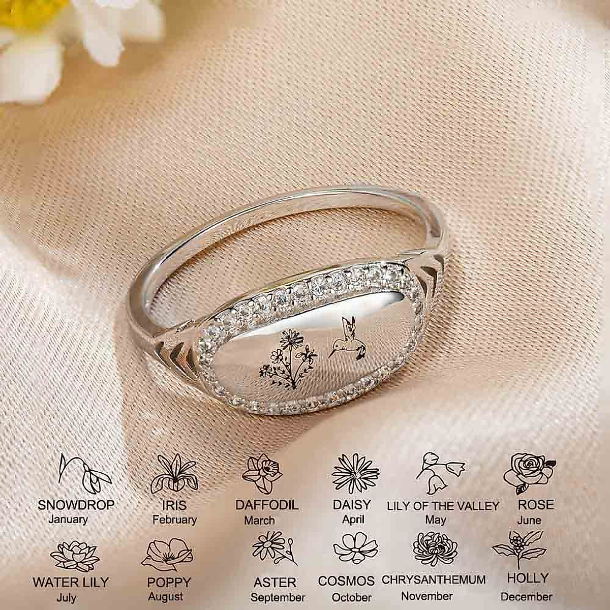 Dearlovey Personalized Birthflower Hummingbird Agate Ring, Hummingbird Ring with Birthflower, Vintage Ring, Gift for Grandma/Mom