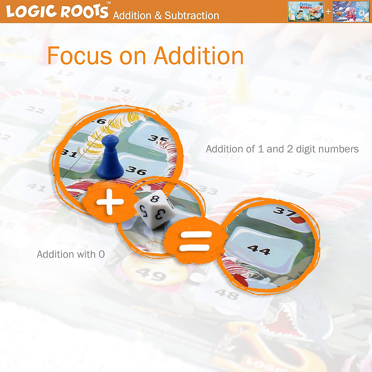 Logic Roots Addition and Subtraction Games - Pack of 2, Ocean Raiders and Cloud Hoppers, Math Board Games & STEM Toys for 6-8 Year Olds, Educational Gift for Kids, Homeschoolers, Kindergarten and Up