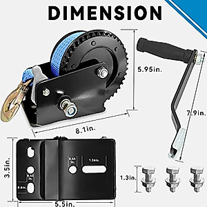 AKRIXKIP Boat Trailer Winch 1600LBS Hand Winch with 26ft Blue Winch Strap, 4:1 Gear Portable Winch with Hook, 2 Way Ratchet Manual Winch for Jet Ski Boat Towing Pulley Drag Winch