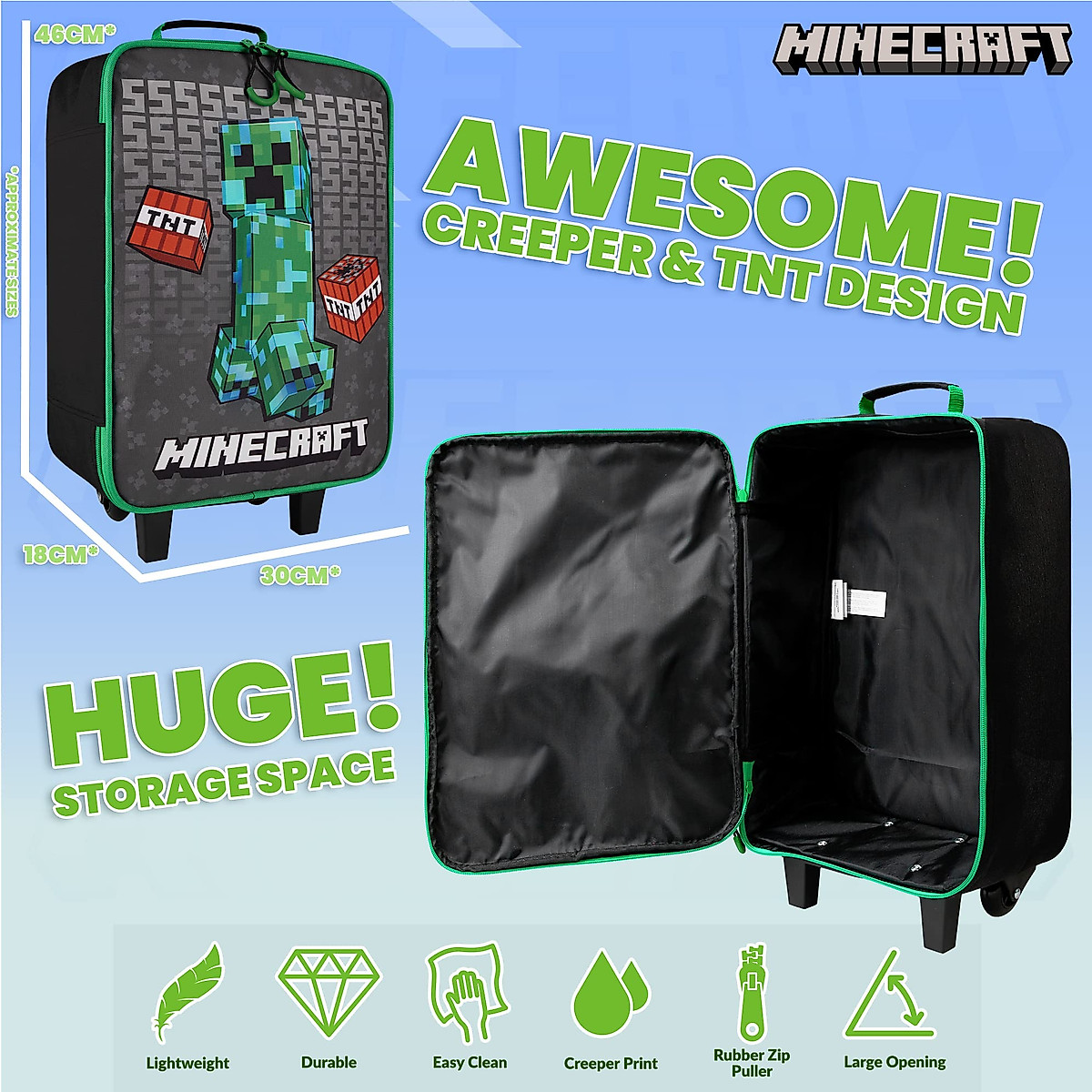 Minecraft Kids Luggage with Wheels Foldable Rolling Suitcase Creeper Travel Bag Vacation Weekend Trips Travel Essentials (18.11x11.81x7.08inch, Black)