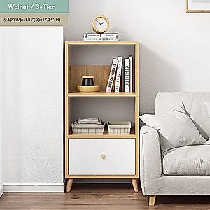 IOTXY 3-Tier Open Shelves Bookcase - 47 Inches Height Modern Floor Standing Cubes Wooden Low Bookshelf with Storage Drawer and Legs, Oak