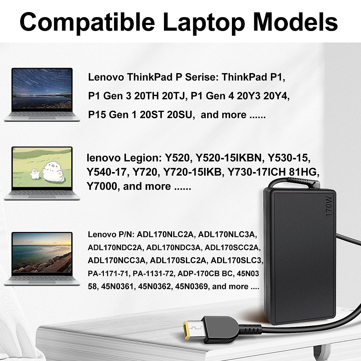 170W Laptop Charger for Lenovo ThinkPad P50 P51 P52 P53 P70 P71 P73 W540 W541 T540P Legion Y520 Y530 Y720 Y730 ADL170NLC2A ADL170NLC3A ANTWELON Square Tip 20V 8.5A AC Adapter Power Supply Cord