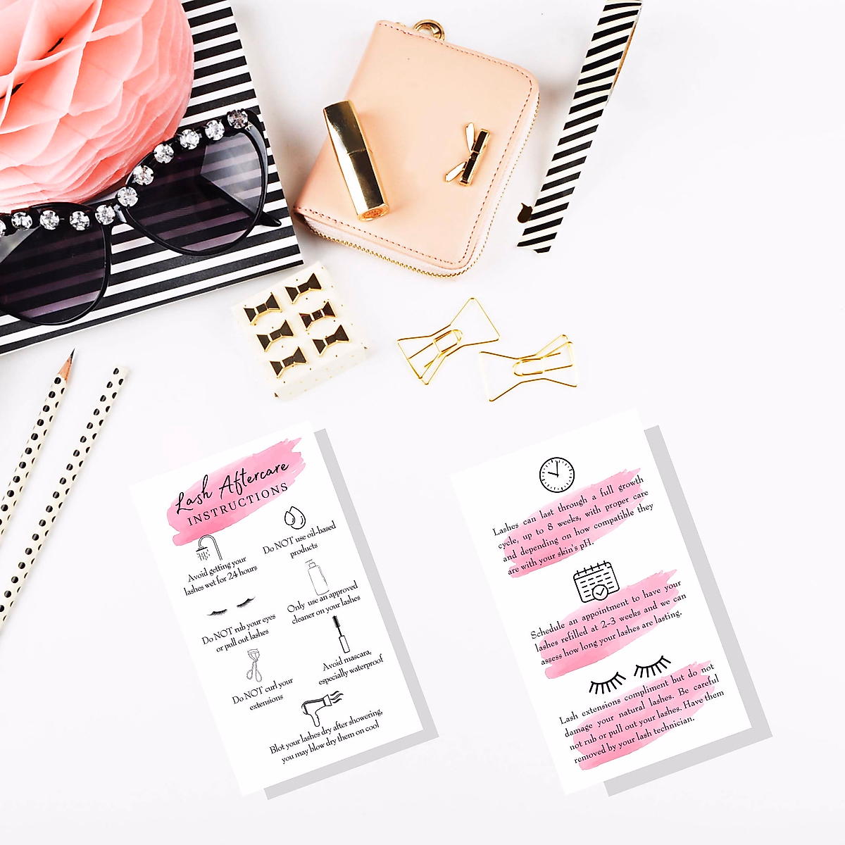 Lash Extension Aftercare Instructions Cards | 50 Pack | Double Sided Size 3.5 x 2" inches After Care (2-3 Week Fillers) | White with Pink Watercolor Design