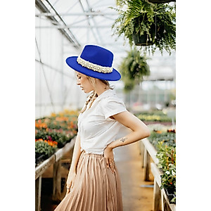 Qkrlamx Black Fedora Hats for Women Wool Panama Hat with Pearl Band Wide Brim Felt Hat Classic Trilby Hat Blue