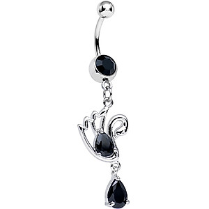 Body Candy Womens Black Sparkling Raindrop and Swan Dangle Belly Ring