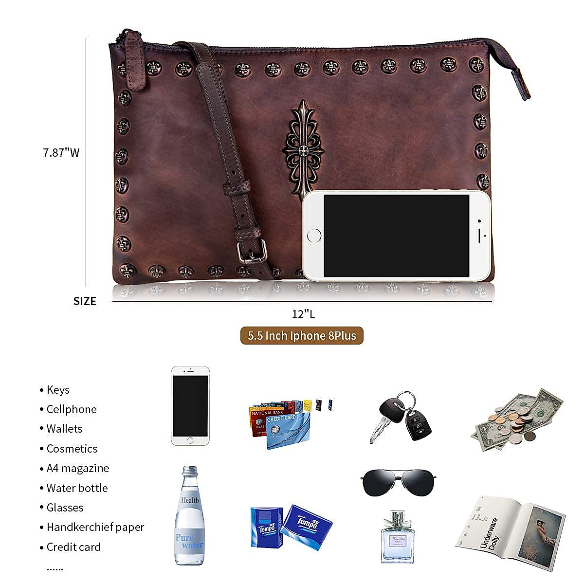 LETEULO Wallets for Women Genuine Leather Card Organizer Dip Dye Coin Purse Ladies Ultrathin Wallets (Coffee) AND Womens Crossbody Bag Vintage Shoulder Bag Leather Clutch Handbags Purse (Coffee, L)