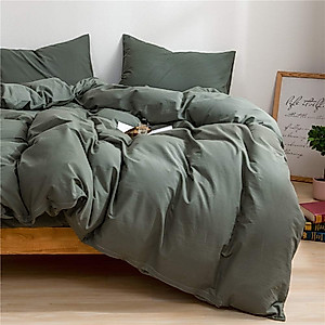 Mucalis Sage Green Duvet Cover Queen 100% Natural Washed Cotton Modern Solid Green Bedding Set with Pillowcases for Adult Girls Boys Zipper Closure Corner Ties Soft