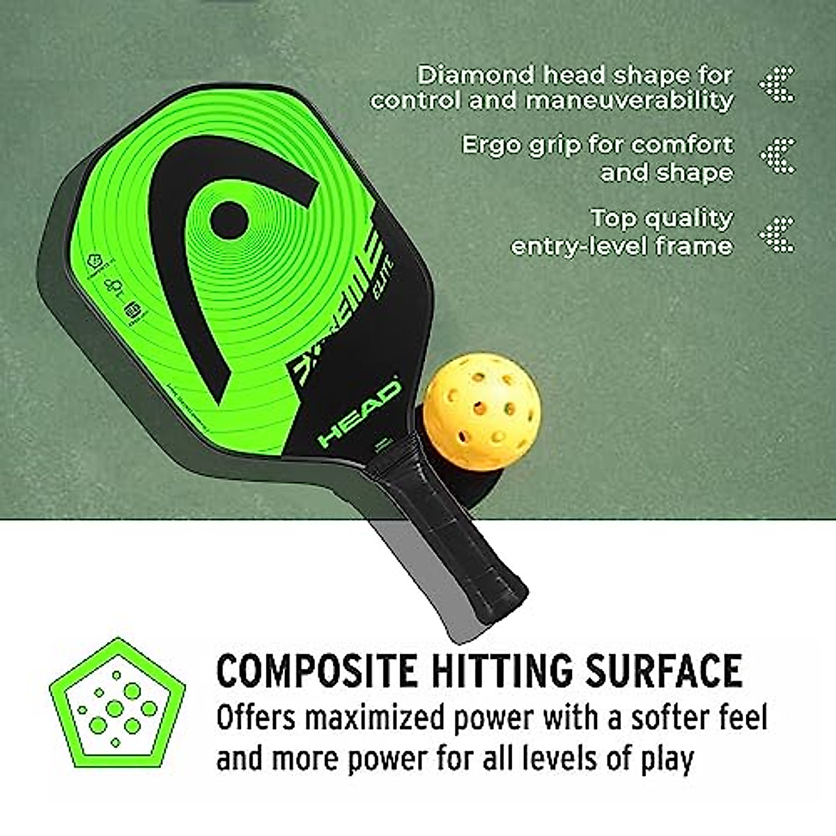 HEAD Extreme Elite Fiberglass Paddle with Honeycomb Polymer Core & Comfort Grip, Green/Black, One Size