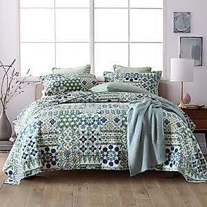 VISIMISI Cotton Bedspread Quilt Sets Reversible Coverlet Sets Comforters Vintage Bohemian Patchwork Bedspread (Green, Queen Size)
