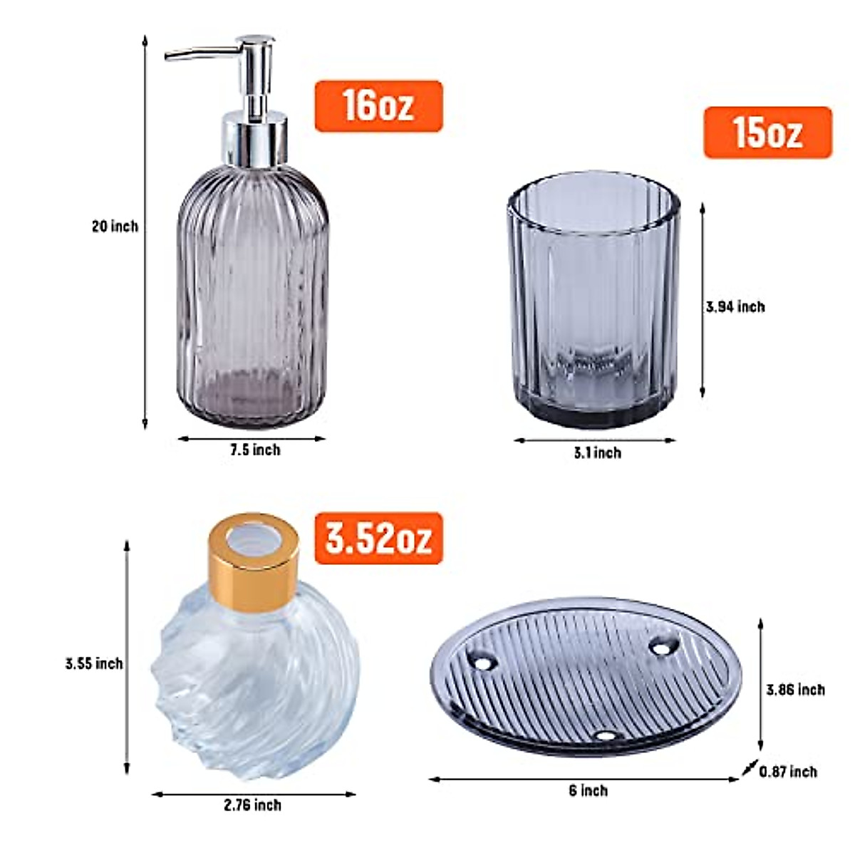 TocTen 5 Pieces Bathroom Accessories Set, Include Lotion Soap Dispenser+ 2 Toothbrush Cup+ Soap Dish+ Essential Oils Diffuser Bottles, Premium Glass Bathroom Vanity Countertop Accessory Set(GREY 16oz)