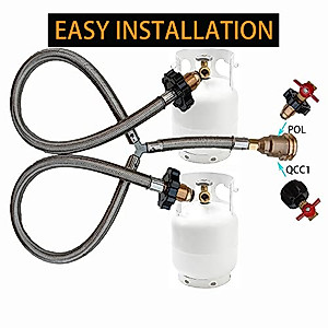 Stainless Braided Propane Y-Splitter Dual Propane Tank Connection Hose Kit,Two Way Propane Splitter with POL Inlet and POL/QCC1 Exit Adapter to Connect 5-100lbs Cylinder Tank for Heater, Grill