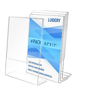 Ludery Acrylic Sign Holder 8.5 x 11, Vertical Slanted Back Sign Holder , Acrylic Stands for Display 8.5 x 11, Tabletop Sign Holder for for Home, Office, Store, Restaraunt - 4Pack (4)