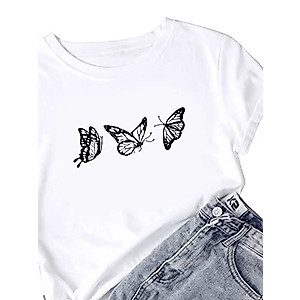 SweatyRocks Women's Heart Graphic Short Sleeve T Shirts Summer Tops White Butterfly L