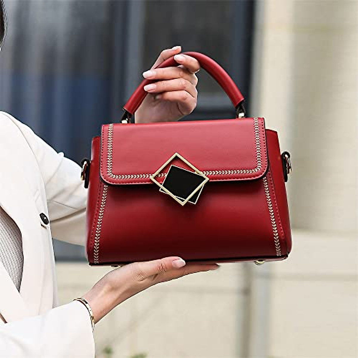 JESSWOKO Women Fashion Crossbody Small Square Top Handle Hand Bag Leather Satchel Bags Purse Handbags for Women Red L